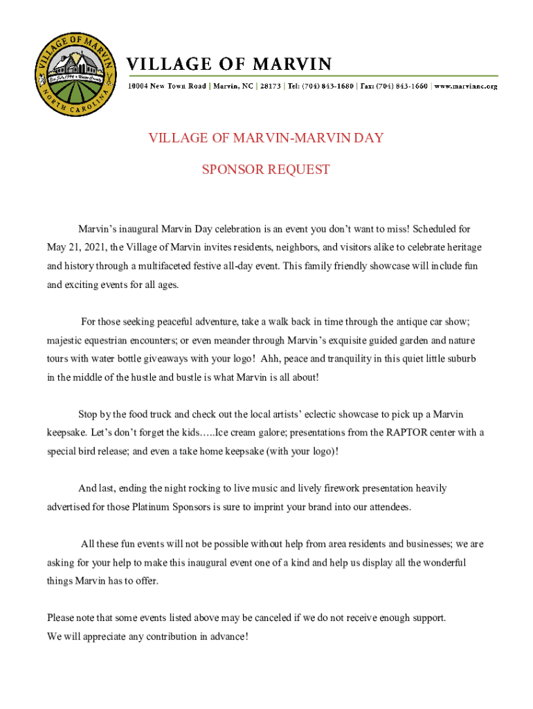 Fillable Online VILLAGE OF MARVIN-MARVIN DAY SPONSOR REQUEST Fax Email ...