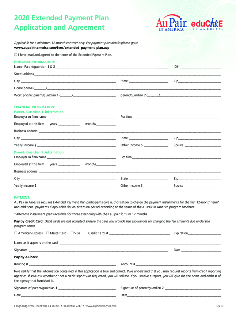 Fillable Online 2020 Extended Payment Plan Application and Agreement ...
