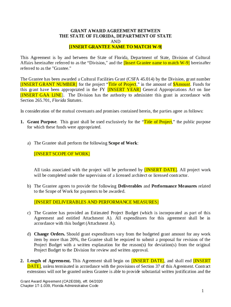 Grant Award Agreement Between Doc TemplatepdfFiller Doc Template ...