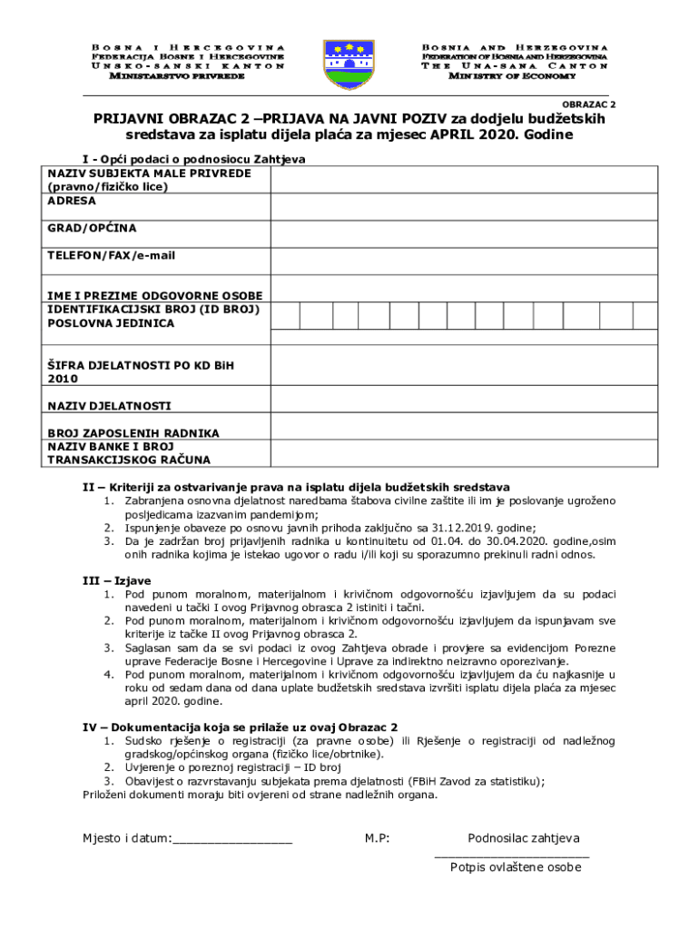 Fillable Online fmroi.gov.baprijavni-obrazac-za-javni-poziv-zaPrijavni ...