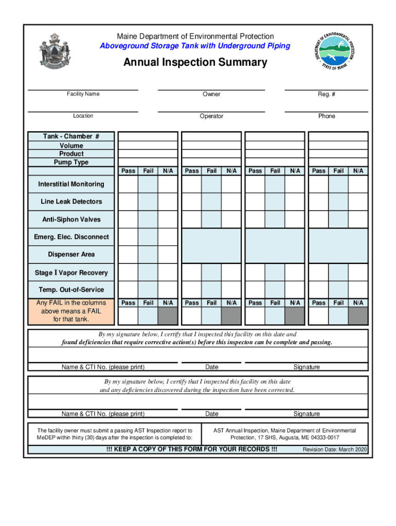 Fillable Online AST Annual Inspection Form (Master Draft). Underground ...
