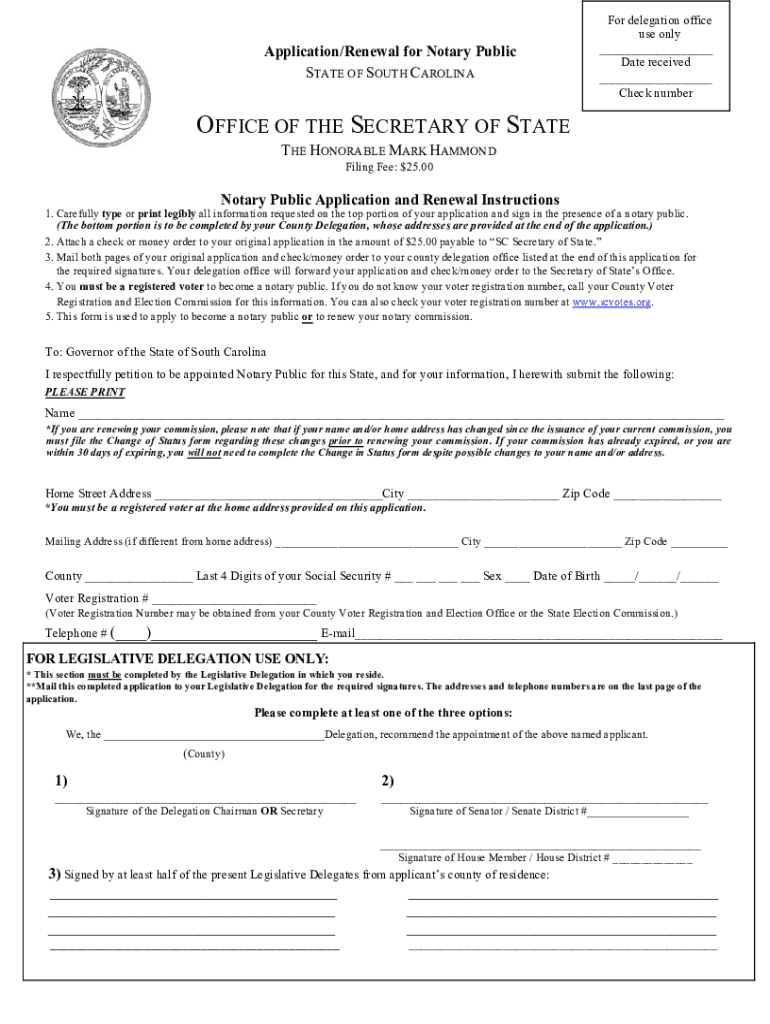 Fillable Online sos sc Application/Renewal for Notary Public S C Date ...