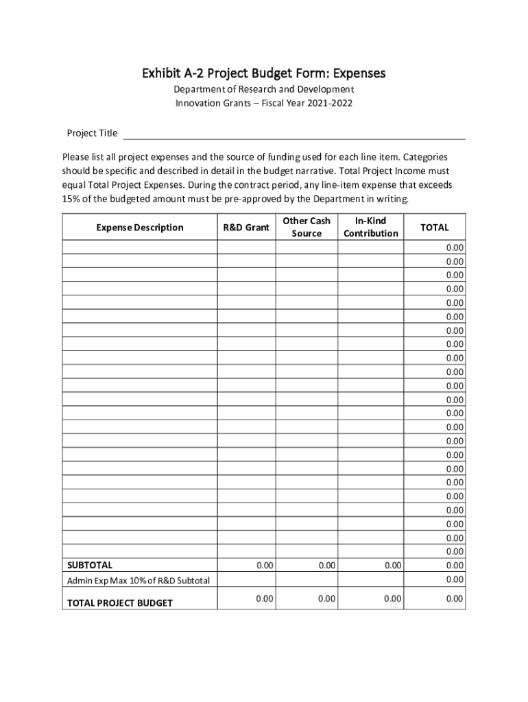 Fillable Online Exhibit A-2 Project Budget Form - Expense (Fillable PDF ...