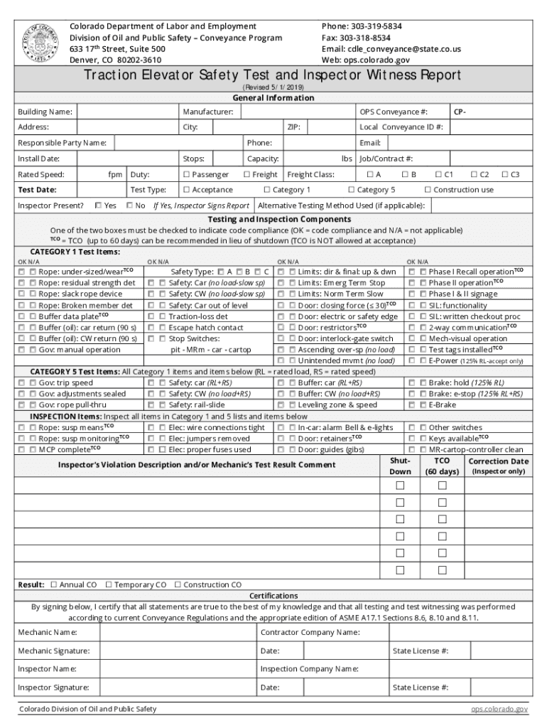 Fillable Online Traction Elevator Safety Test and Inspector Witness ...