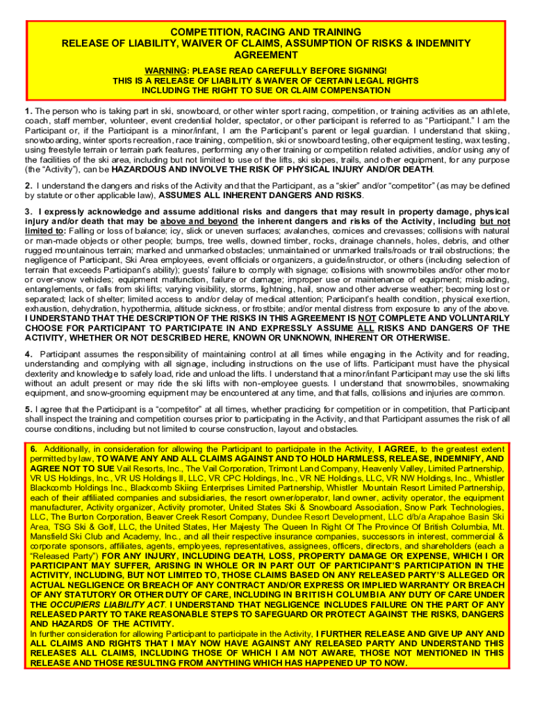 Fillable Online RELEASE OF LIABILITY AND INDEMNIFICATION AGREEMENT Fax ...