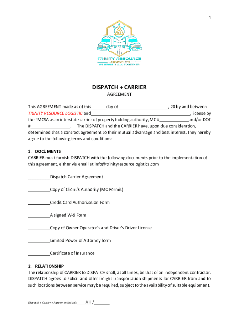 Fillable Online DISPATCH + CARRIERNew Carrier Setup Packet ...