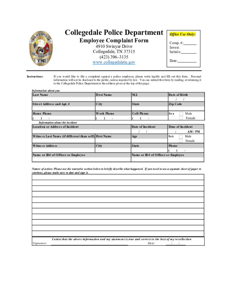 Fillable Online cms8.revize.comrevizecollegedaletnCollegedale Police Department Office Use Only ...