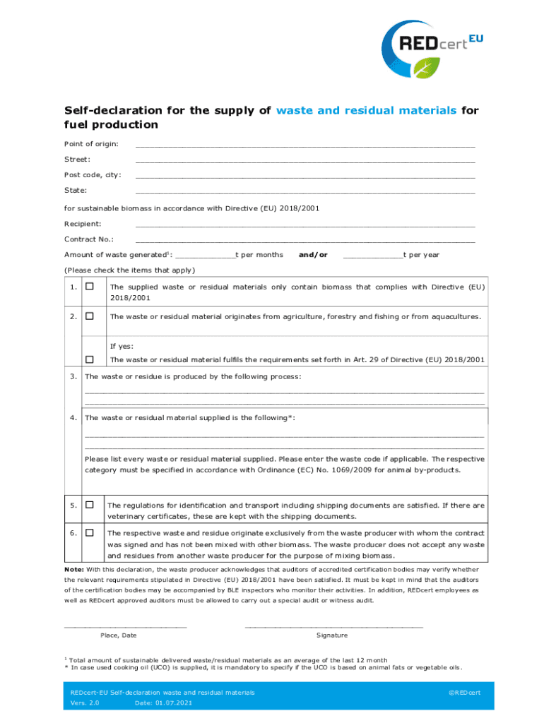 Fillable Online Self-declaration for the supply of waste and residual ...