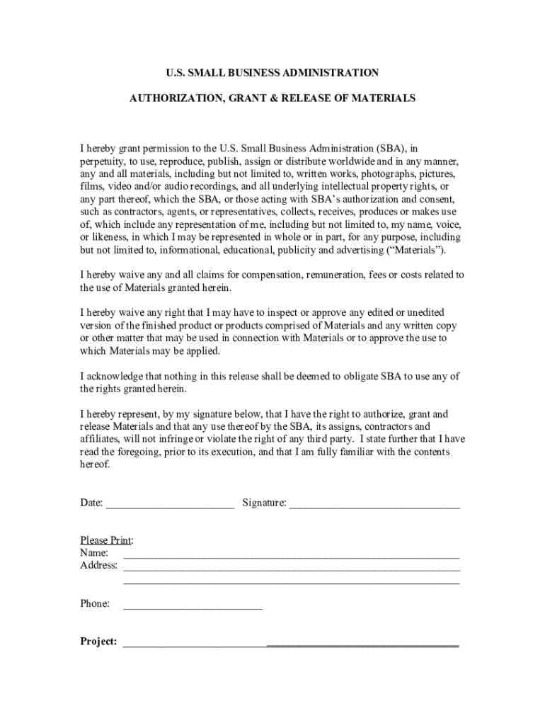 Fillable Online www.sba.govSBAPhotoReleaseforAdultsU.S. SMALL BUSINESS ...