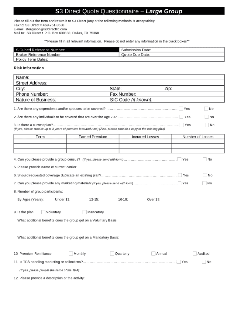 Large Group Quote Questionnaire: Easy to Fill and Download ... Doc ...