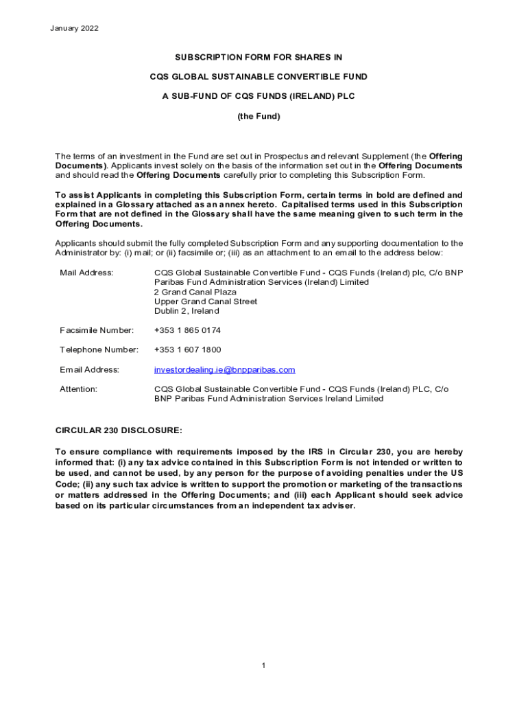 Fillable Online SUBSCRIPTION FORM FOR SHARES IN CQS GLOBAL SUSTAINABLE ...