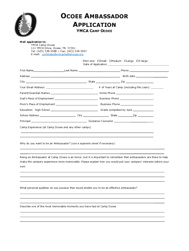 Fillable Online Fillable Online Ocoee Ambassador Application - YMCA Camp ... Fax Email Print ...