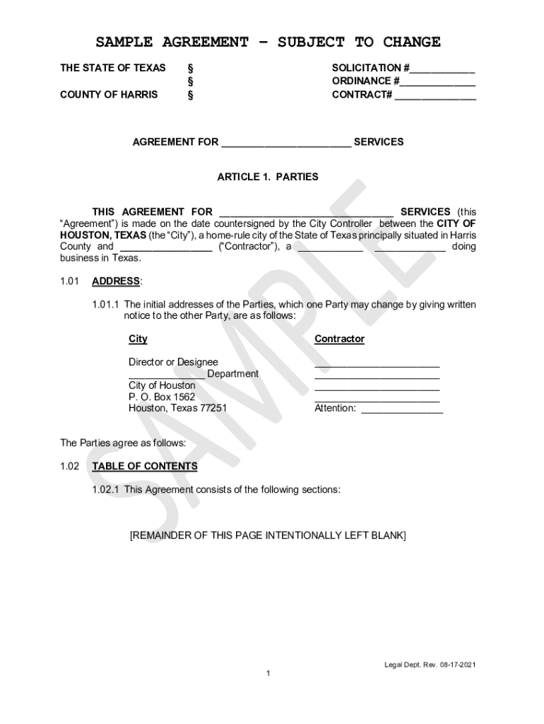 Fillable Online SAMPLE AGREEMENTSUBJECT TO CHANGE - Houston Fax Email ...