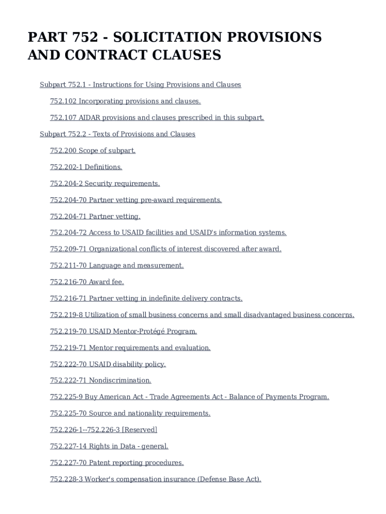 Fillable Online 48 CFR Part 752 - SOLICITATION PROVISIONS AND CONTRACT CLAUSES Fax Email Print ...