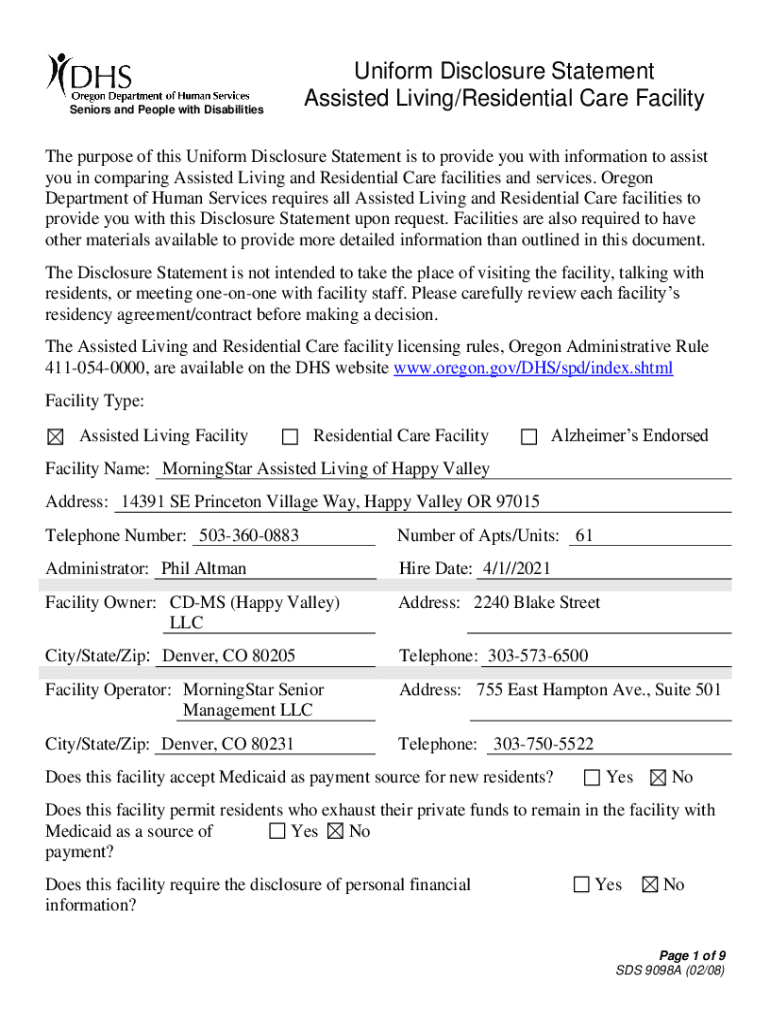 Fillable Online Get the free Uniform Disclosure Statement Assisted ...