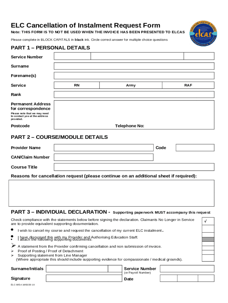 ELC Cancellation of Instalment Request Doc Template ... Doc Template ...