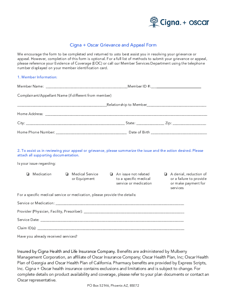 Fillable Online Grievance Reporting To Cigna Form: Get Your Free ...