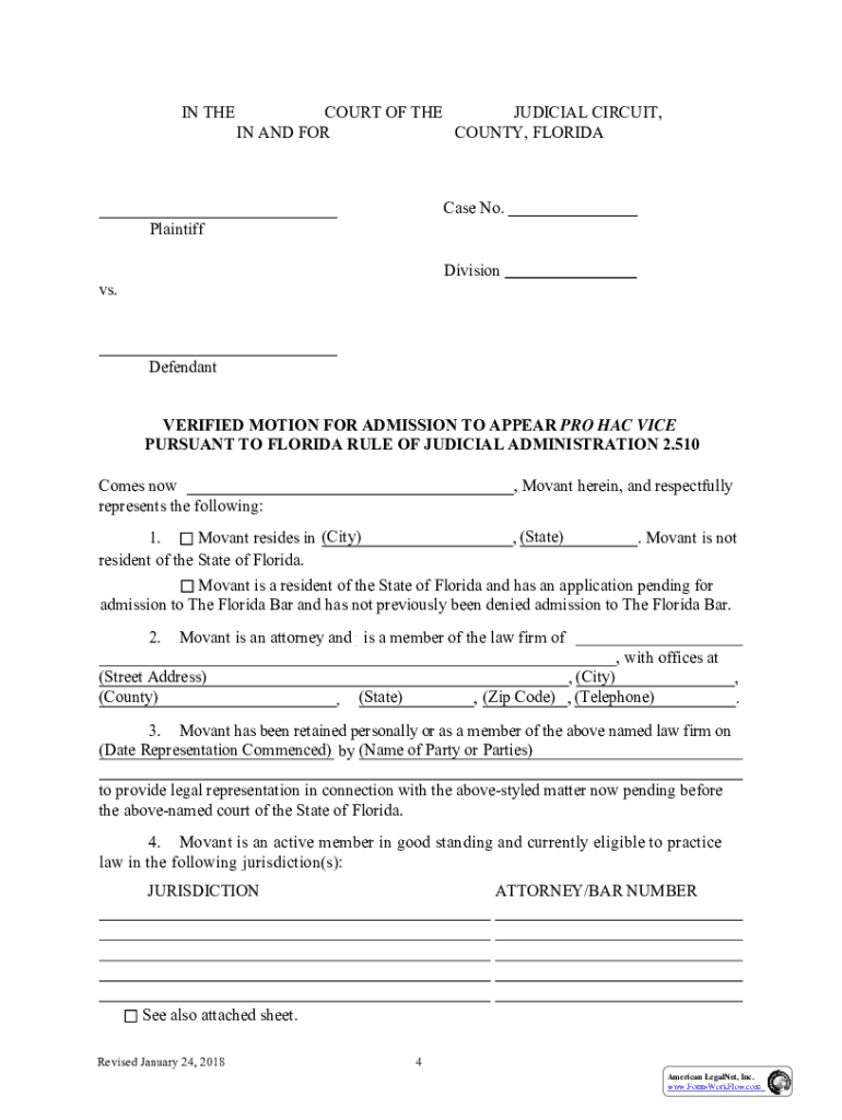 Fillable Online MASTER-Verified Motion For AdmissionTo Appear Pro Hac ...