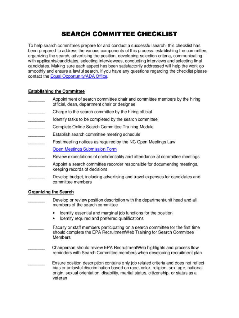 Fillable Online hr unc hr.unc.edu03Search-Committee-CheckListSEARCH ...