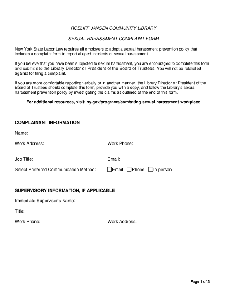 Fillable Online Complaint Form For Reporting Sexual Harassmentsexual