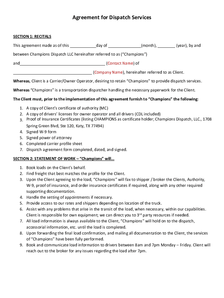 Fillable Online form.jotform.com213144739975062AGREEMENT FOR DISPATCH ...