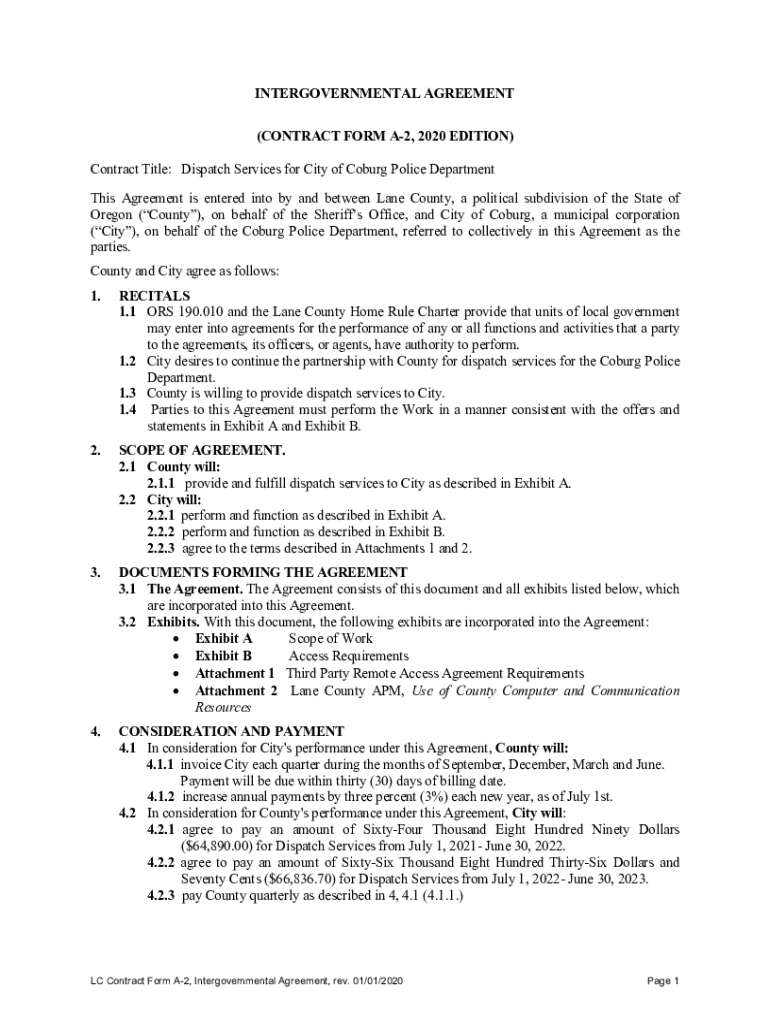 Fillable Online INTERGOVERNMENTAL AGREEMENT (CONTRACT FORM A-2, 2020 ...