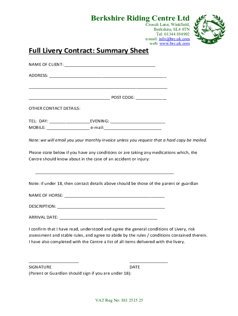 Fillable Online Livery contract summary Fax Email Print - pdfFiller