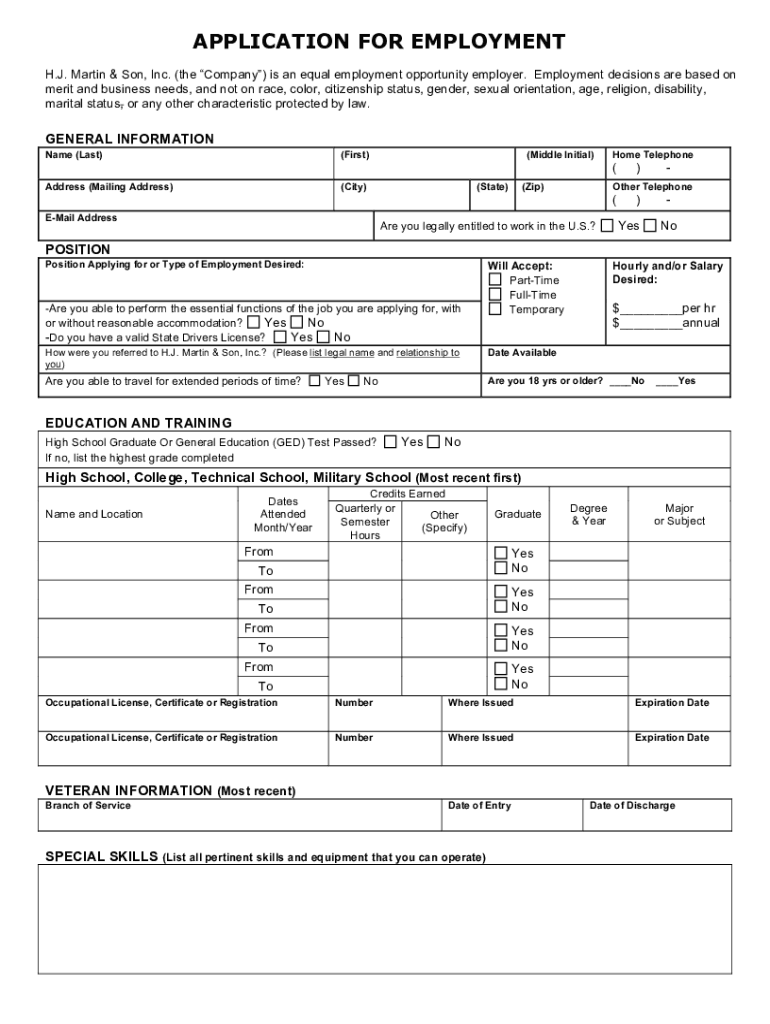 Fillable Online Installer or Warehouse Application - H.J. Martin and ...