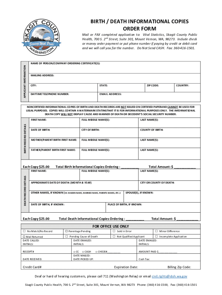 Fillable Online BIRTH / DEATH INFORMATIONAL COPIES ORDER FORM Fax Email ...