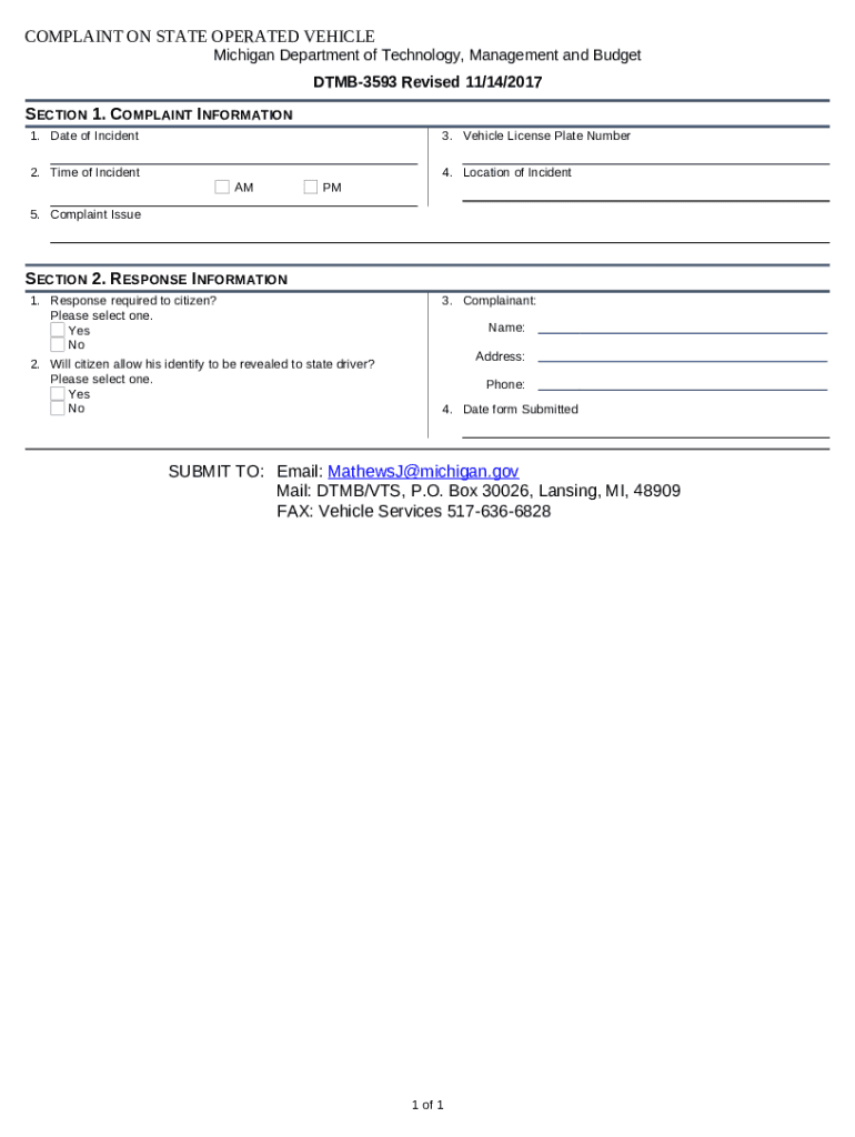 DTMB-3593 Complaint on State Operated Vehicle. DTMB s Doc Template ...