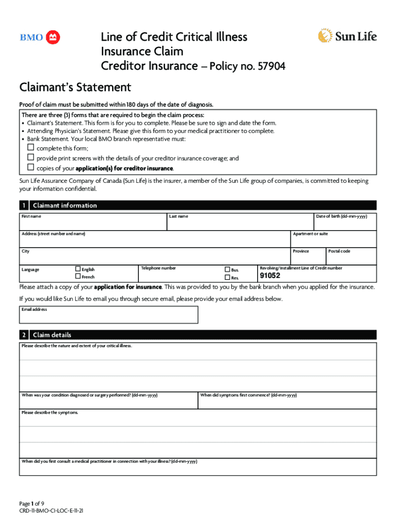 Fillable Online Line of Credit Critical Illness Insurance Claim ...