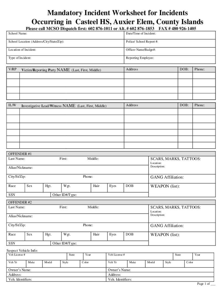Fillable Online Mandatory Incident Worksheet for Incidents Occurring in ...