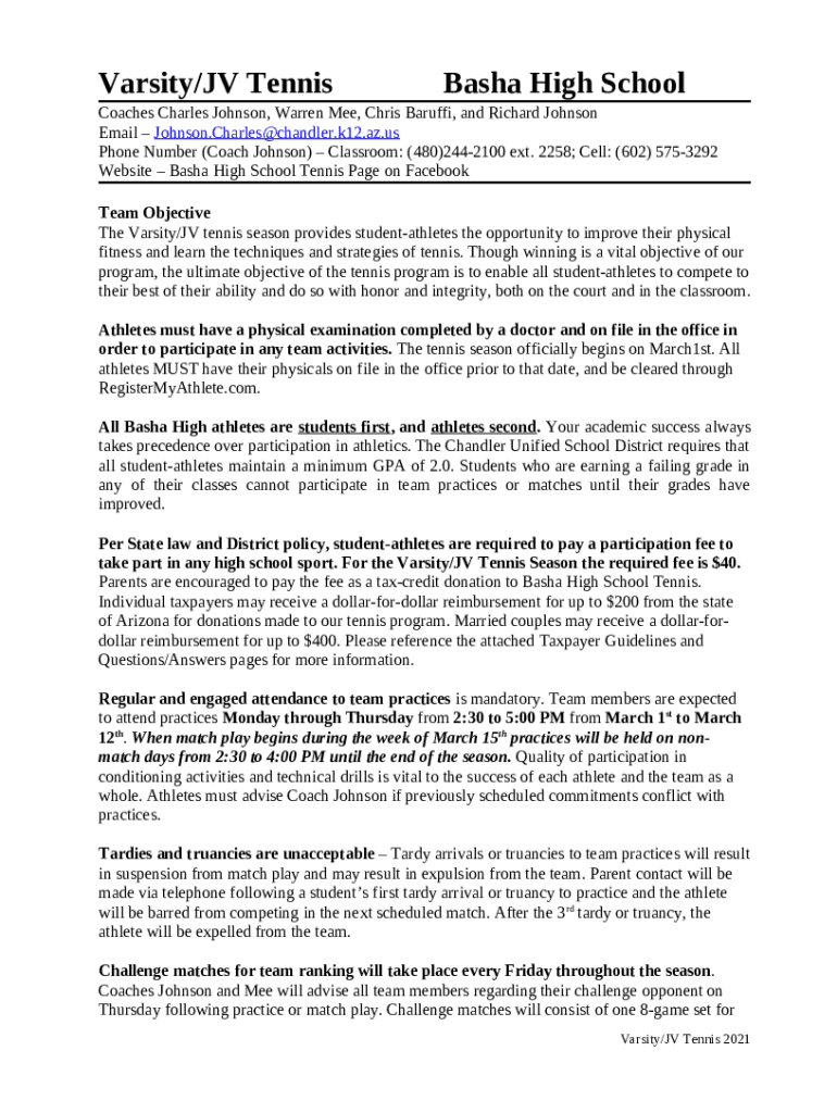 www.pdffiller.com425018442--Girls-VarsityJVGirls Varsity/JV TennisBasha High School Doc ...