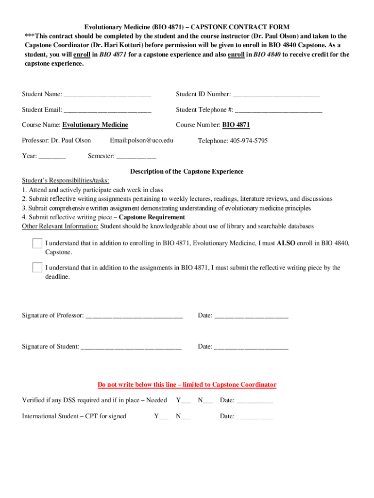 Fillable Online www.uco.educmsfilesEvolutionary Medicine (BIO 4871)CAPSTONE CONTRACT FORM ...