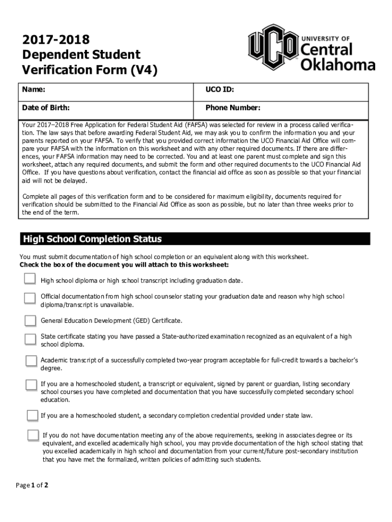Fillable Online 20172018 DEPENDENT STUDENT VERIFICATION WORKSHEET Fax Email Print - pdfFiller