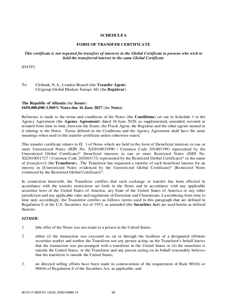 Fillable Online SCHEDULE 6 FORM OF TRANSFER CERTIFICATE This ... - Citi ...