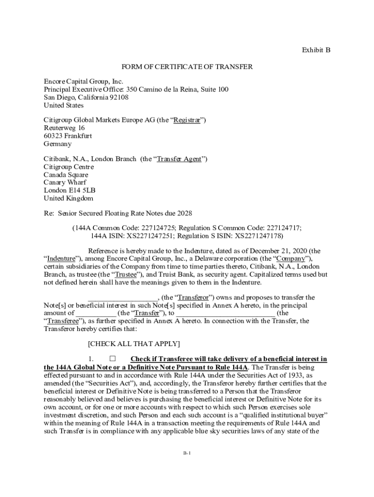 Fillable Online Exhibit B FORM OF CERTIFICATE OF TRANSFER Encore ...