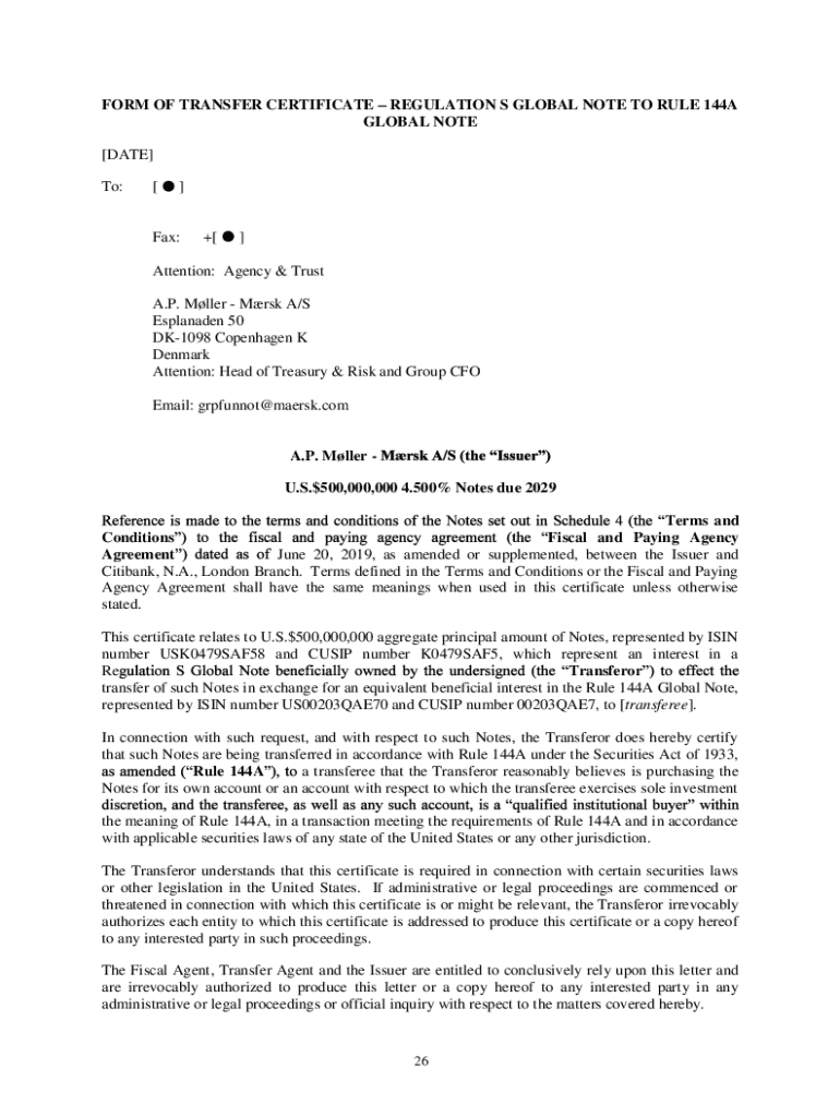 Fillable Online form of transfer certificate regulation s global note ...