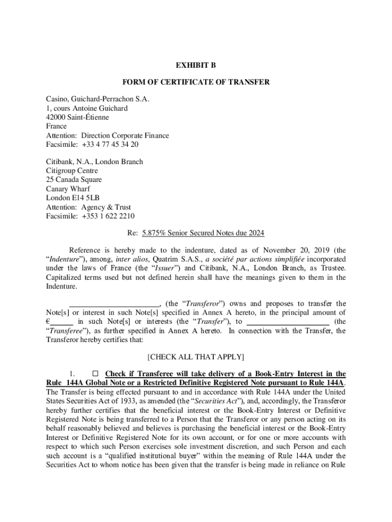 Fillable Online EXHIBIT B FORM OF CERTIFICATE OF TRANSFER Casino ...