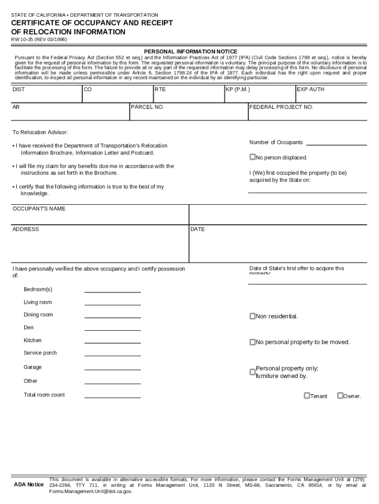Fillable Online RW 10-25: Certificate of Occupancy and Receipt of ...