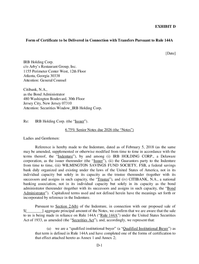Fillable Online EXHIBIT D Form of Certificate to be Delivered in ...
