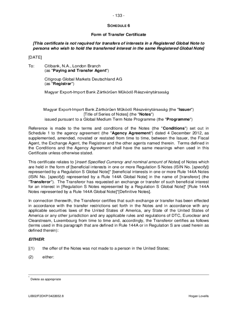 Fillable Online Schedule 6 Form of Certificate for Transfers of ...