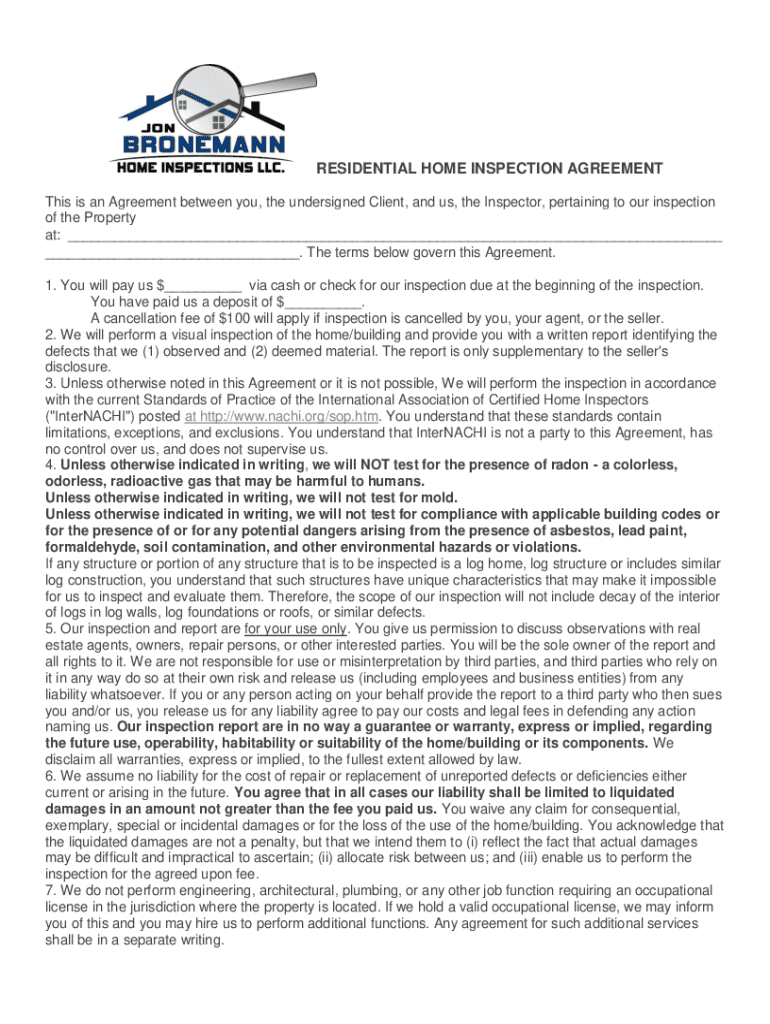 Fillable Online FULL RESIDENTIAL INSPECTION AGREEMENT Fax Email Print ...