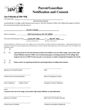 Fillable Online Parent/Guardian Notification and Consent - Hunter ...