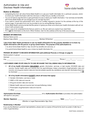 Fillable Online Home State Health - Authorization to Use and Disclose ...