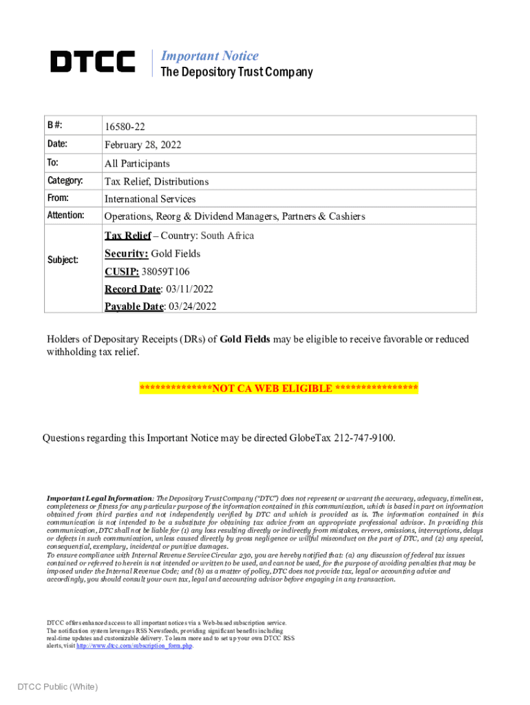 Fillable Online DTCC Important Notice Fax Email Print - pdfFiller