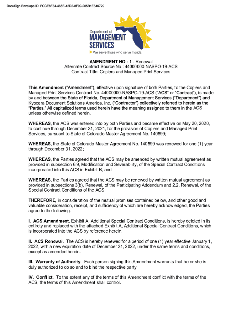 Fillable Online AMENDMENT NO. 1 To Alternate Contract Source No ...