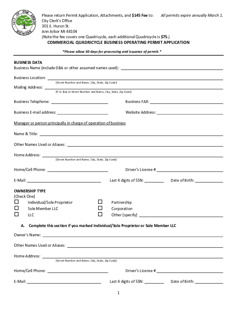 Fillable Online www.a2gov.orgdepartmentscity-clerkPlease return Permit ...