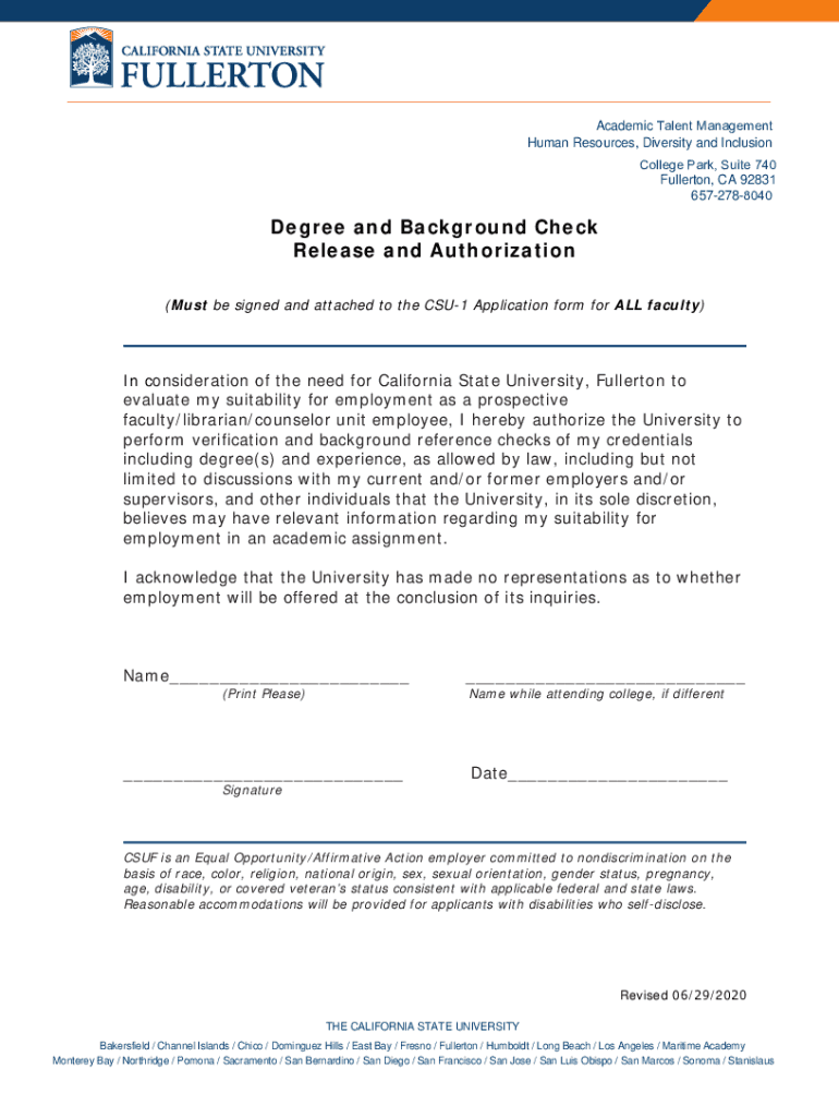 Fillable Online hr fullerton hr.fullerton.edudocumentsdiepDegree and Background Check Release ...
