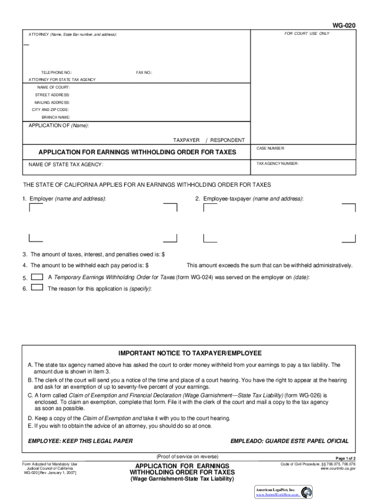 Fillable Online WG-020 Application for Earnings Withholding Order for ...